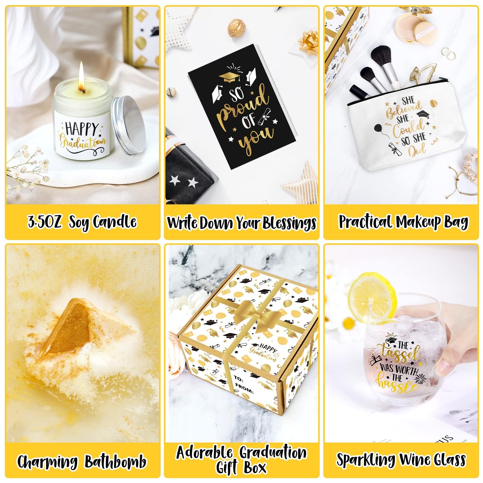 Levfla Graduation Gifts Set, Congratulations Present Box for Her Girl Women College Student with Pre-Packed Wine Glass Grad Cap Bath Bomb Makeup Bag Candle Card Black Gold