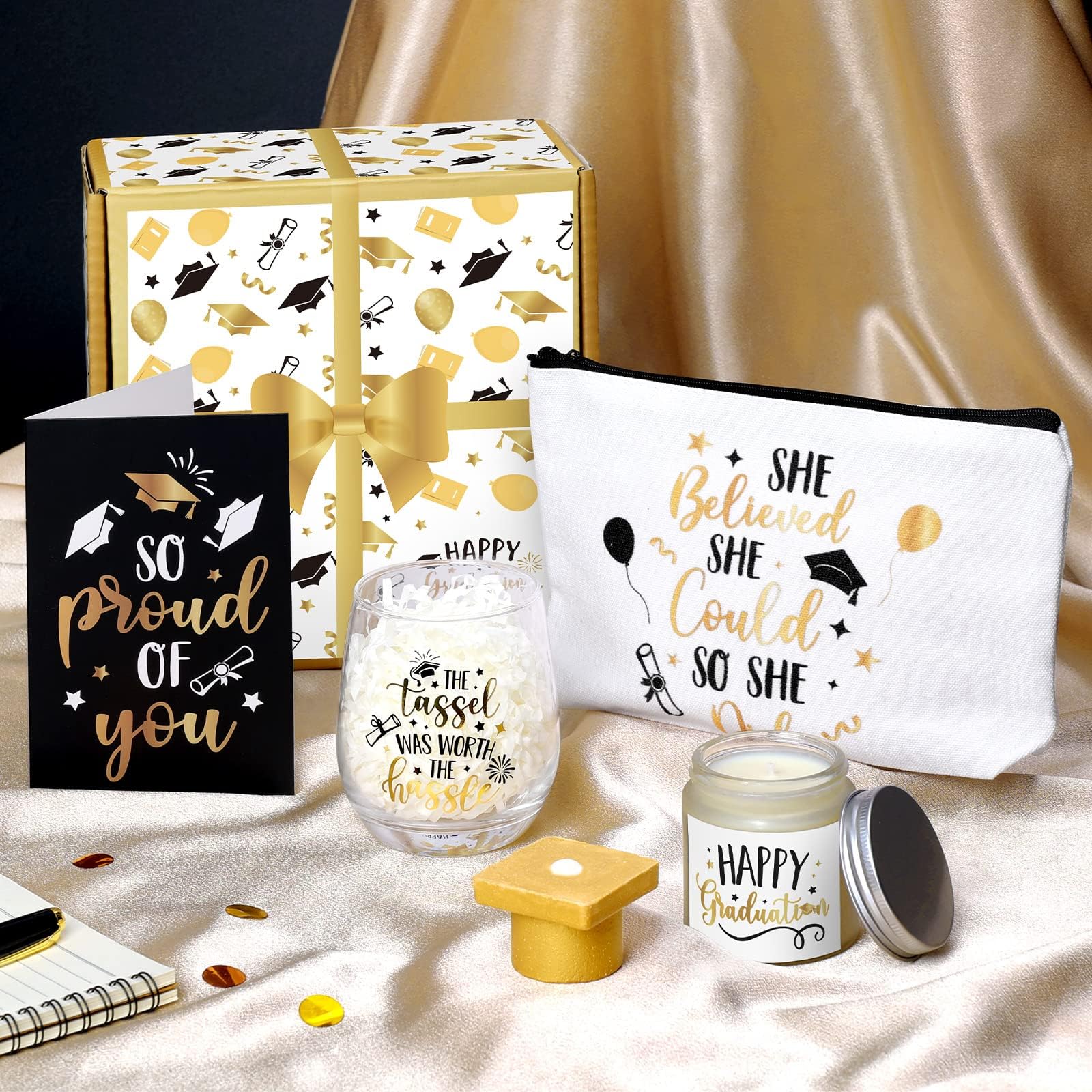 Levfla Graduation Gifts Set, Congratulations Present Box for Her Girl Women College Student with Pre-Packed Wine Glass Grad Cap Bath Bomb Makeup Bag Candle Card Black Gold