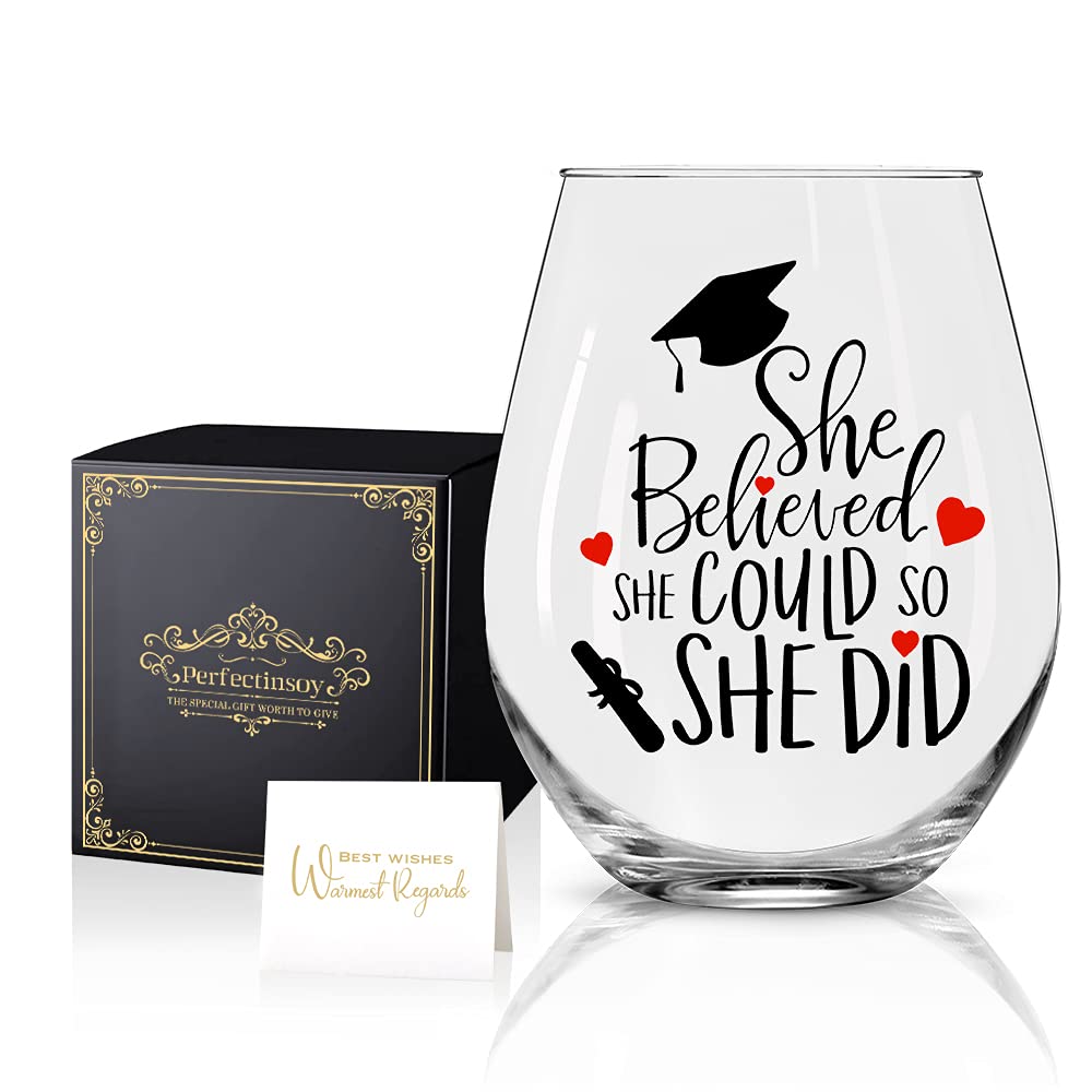 Perfectinsoy She Believed She Could so She Did Wine Glass with Gift Box, Inspirational Gifts for Women, Congratulations Gifts for Women, College Gifts for Girls, New Job Gifts, Boss Thanksgiving Gifts