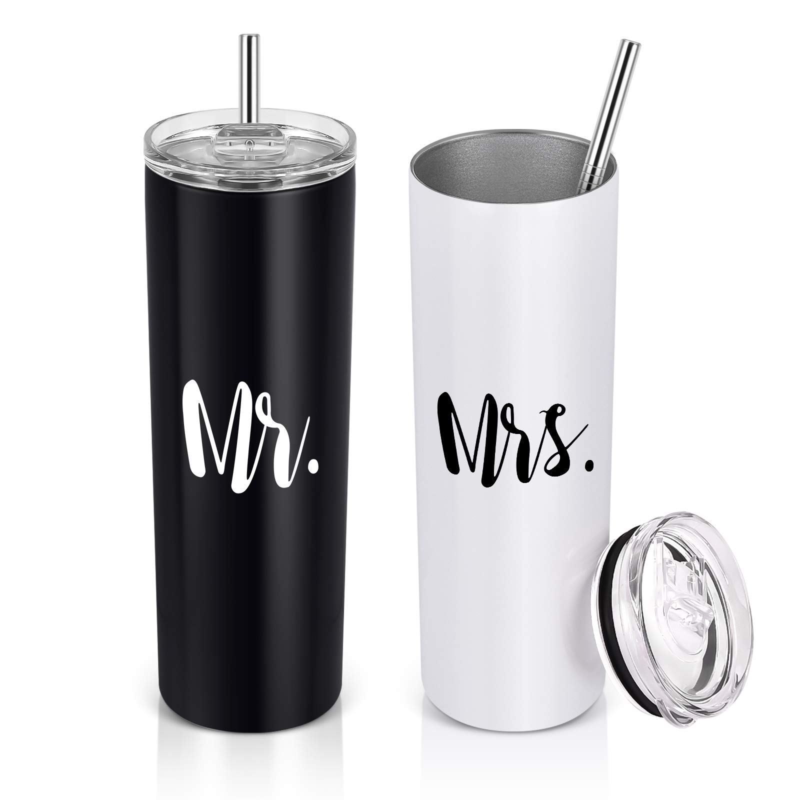 Mr and Mrs Stainless Steel Skinny Tumbler Set, Insulated Travel Tumbler, Gifts for Newlyweds Couples Wife, Wedding Engagement Bridal Shower, 20 Oz Slim Water Tumbler with Lid Straw, Black and White