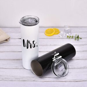 Mr and Mrs Stainless Steel Skinny Tumbler Set, Insulated Travel Tumbler, Gifts for Newlyweds Couples Wife, Wedding Engagement Bridal Shower, 20 Oz Slim Water Tumbler with Lid Straw, Black and White