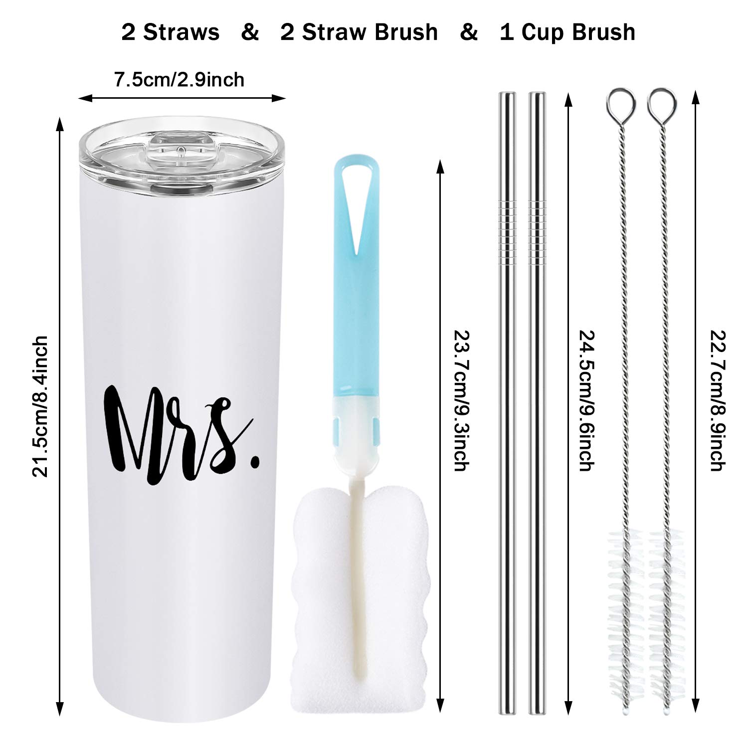 Mr and Mrs Stainless Steel Skinny Tumbler Set, Insulated Travel Tumbler, Gifts for Newlyweds Couples Wife, Wedding Engagement Bridal Shower, 20 Oz Slim Water Tumbler with Lid Straw, Black and White