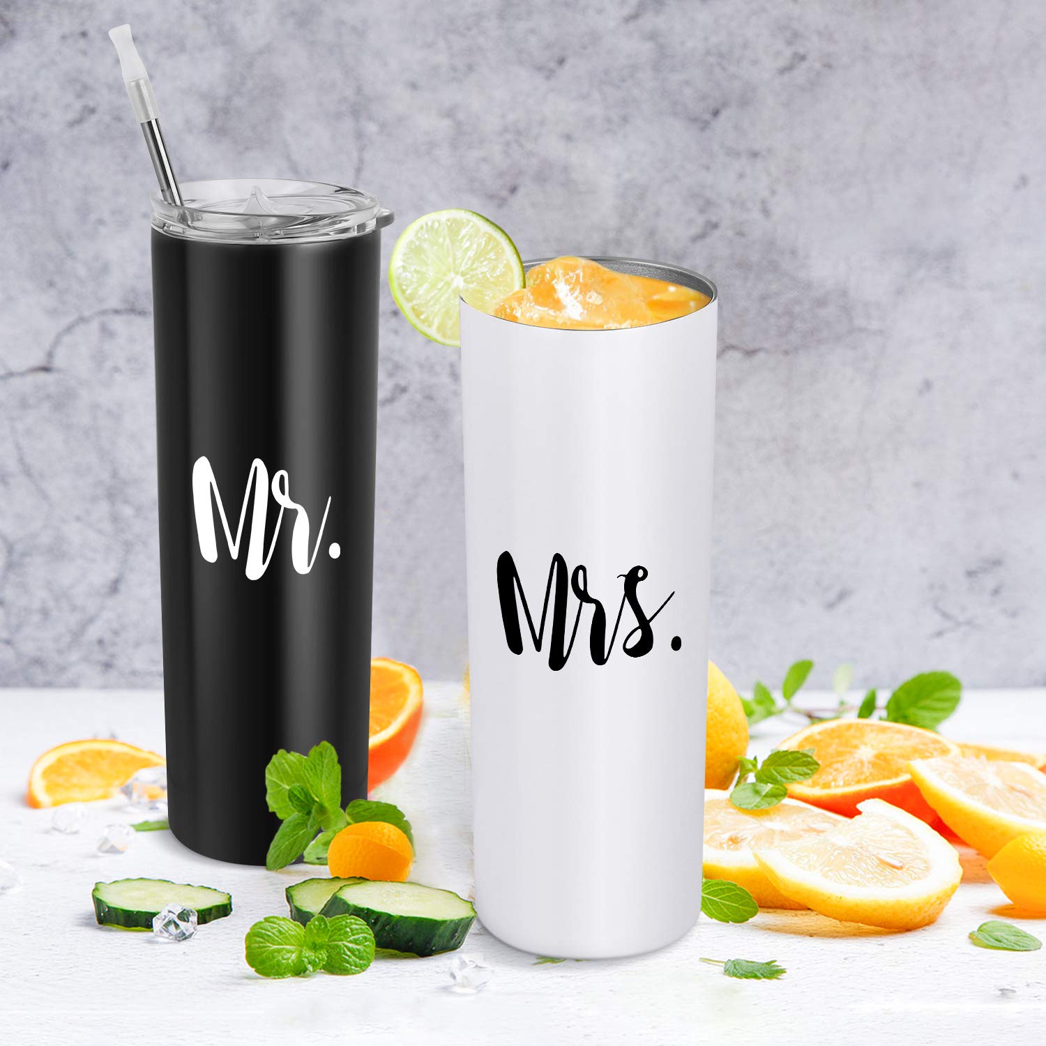 Mr and Mrs Stainless Steel Skinny Tumbler Set, Insulated Travel Tumbler, Gifts for Newlyweds Couples Wife, Wedding Engagement Bridal Shower, 20 Oz Slim Water Tumbler with Lid Straw, Black and White