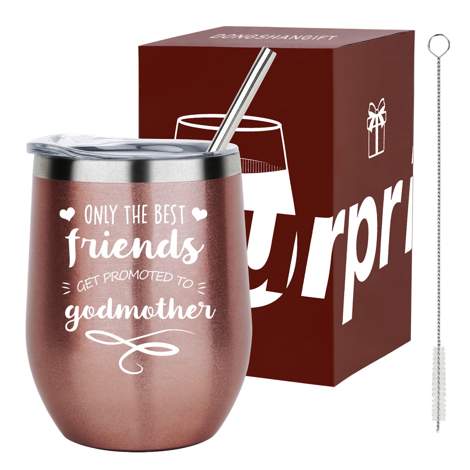 Godmother Wine Tumbler Only the Best Friends Get Promoted to Godmother Tumbler Godmother Gifts Mothers Day Birthday Christmas Gifts for Godmother 12 Ounce with Lid Straw and Gift Box Rose Gold