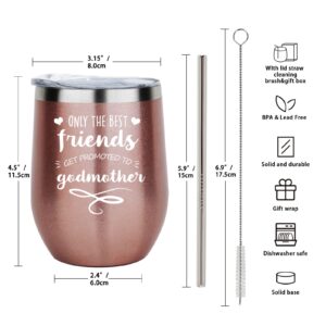 Godmother Wine Tumbler Only the Best Friends Get Promoted to Godmother Tumbler Godmother Gifts Mothers Day Birthday Christmas Gifts for Godmother 12 Ounce with Lid Straw and Gift Box Rose Gold