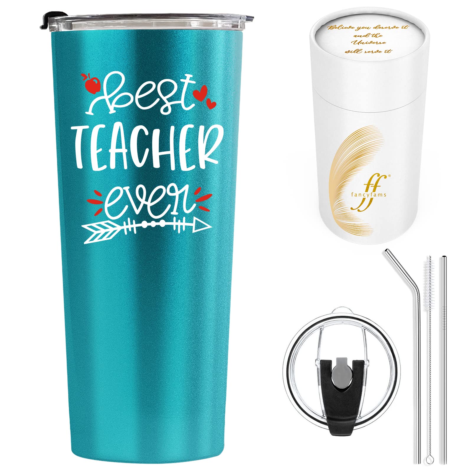 Fancyfams, Teacher Tumbler, 22oz Stainless Steel Mug, Teacher Gifts for Women - Teacher Appreciation Gifts - Gifts for Teachers on Birthday (Best Teacher Ever 22oz - Turquoise)