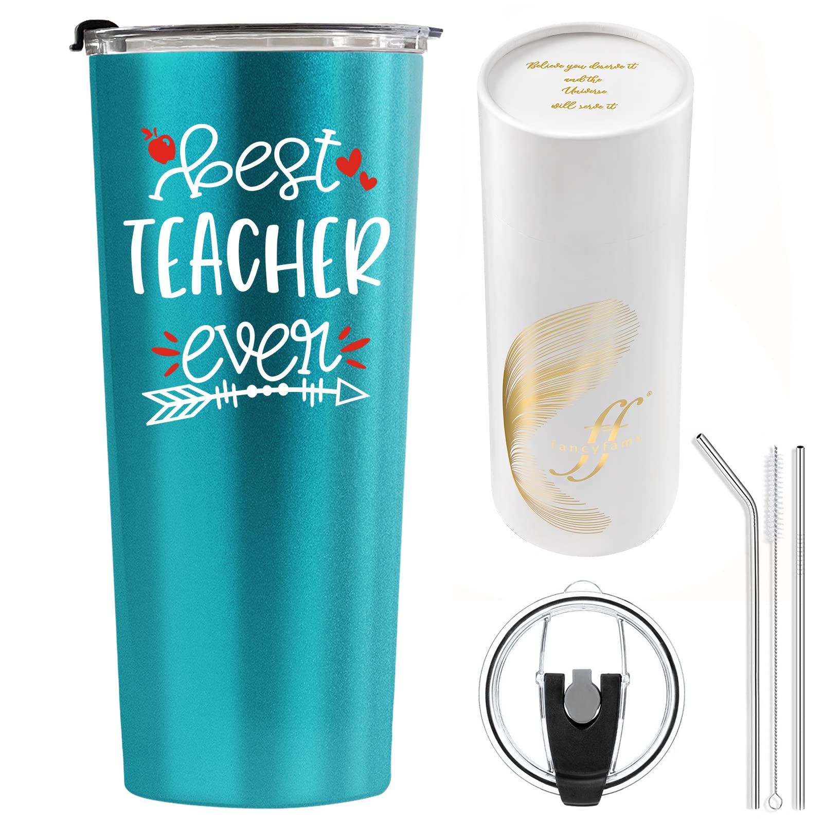 Fancyfams, Teacher Tumbler, 22oz Stainless Steel Mug, Teacher Gifts for Women - Teacher Appreciation Gifts - Gifts for Teachers on Birthday (Best Teacher Ever 22oz - Turquoise)