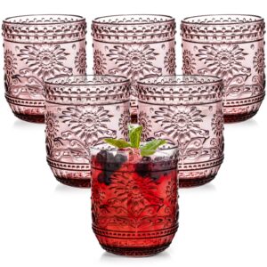 hacaroa 6 pack 12 oz drinking glasses, vintage water glasses purple colored glassware heavy duty, decorative floral embossed beverages tumblers for whiskey, beer, juice, wine