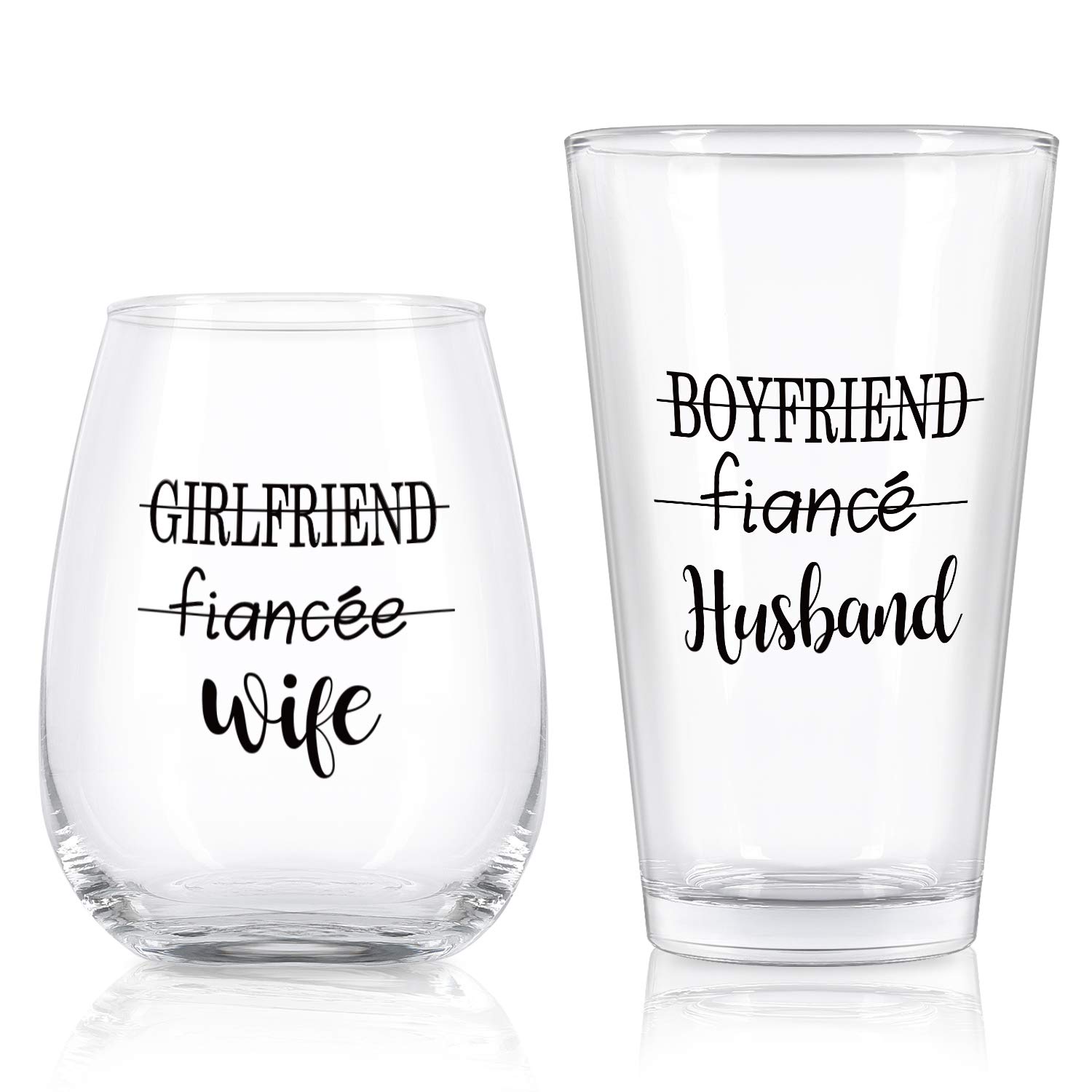 Modwnfy Husband Wife Stemless Wine Glass and Beer Glass Combo, Great Couple Gift for Wedding Engagement Party Bridal Shower Anniversary Valentine’s Day Wife Husband Couple Newly Married, Set of 2