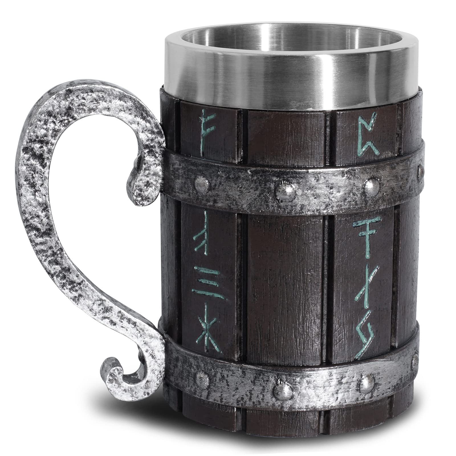 Ottalent Nordic Viking Mug,Oak Wooden Beer Stein Stainless Steel Liner,Nordic mythology Viking Runes Tankard Coffee Cup for Men Father’s Day Gift 18oz.