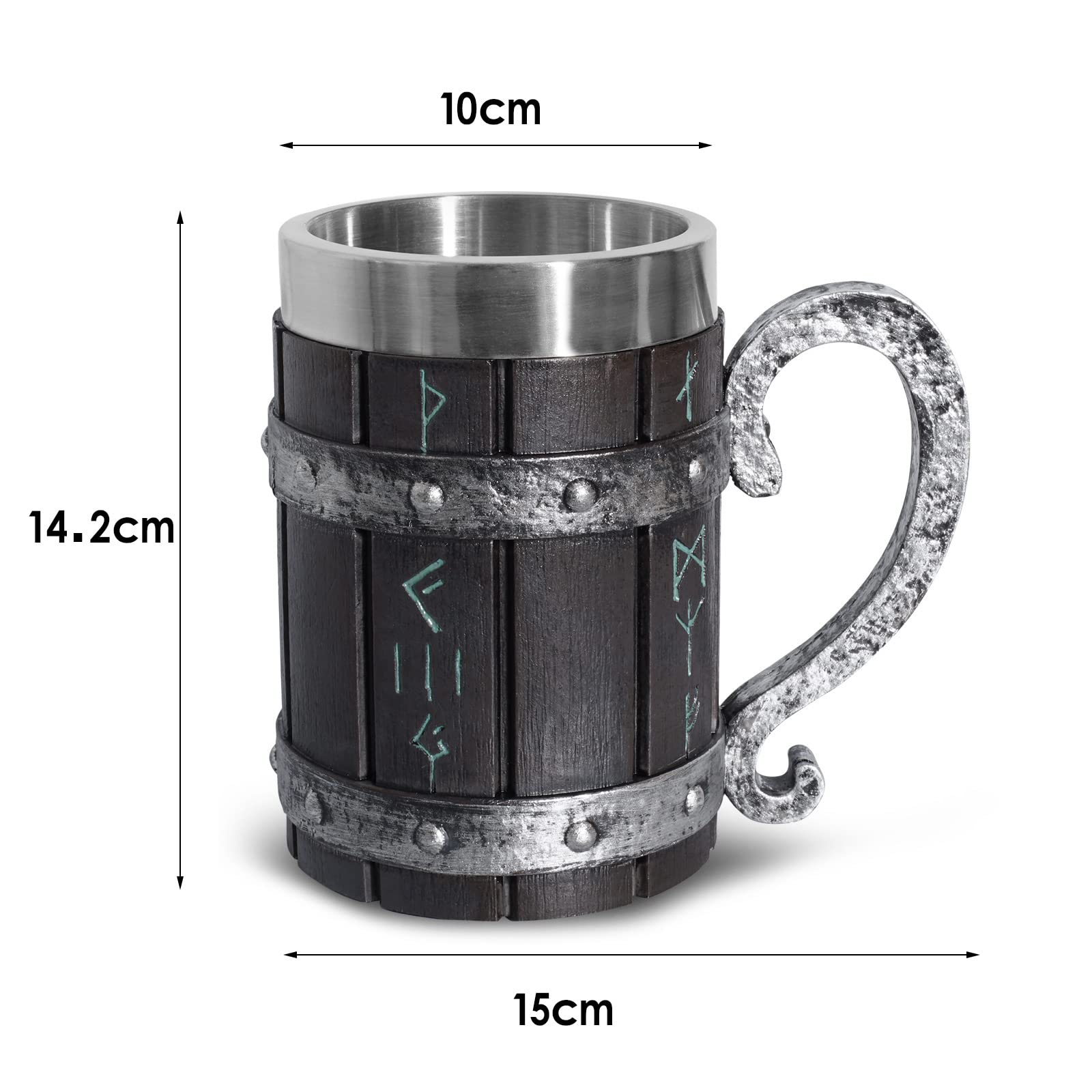 Ottalent Nordic Viking Mug,Oak Wooden Beer Stein Stainless Steel Liner,Nordic mythology Viking Runes Tankard Coffee Cup for Men Father’s Day Gift 18oz.