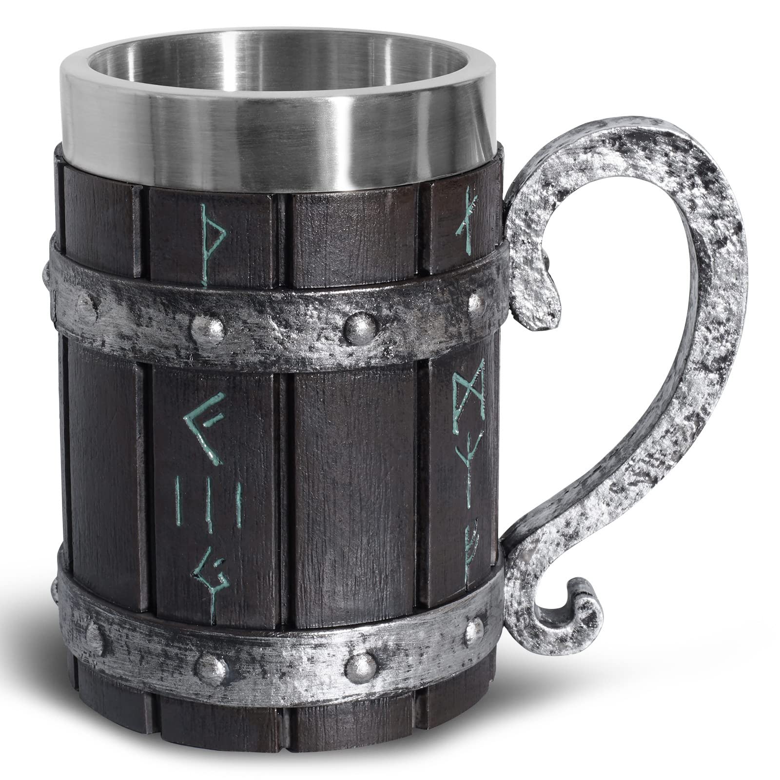 Ottalent Nordic Viking Mug,Oak Wooden Beer Stein Stainless Steel Liner,Nordic mythology Viking Runes Tankard Coffee Cup for Men Father’s Day Gift 18oz.