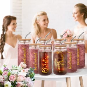 ICOONEY Wedding Gifts for Bride Bridesmaid Beer Can Glass - 8 Pack Maid of Honor Gifts for Engagement Bridal Shower Bachelorette Party - 16 OZ Drinking Glass Cups With Lids And Straws