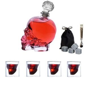 skull whiskey decanter set weiruifanzhi 1 glass skull skeleton wine bottle 25oz & 4 skull glasses 2.5oz & 4 granite whiskey ice wine stones & 1 ice clip for brandy,vodka,gifts,bar and party decoration