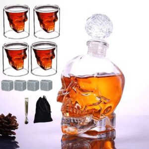 Skull Whiskey Decanter Set WEIRUIFANZHI 1 Glass Skull Skeleton Wine Bottle 25OZ & 4 Skull Glasses 2.5OZ & 4 Granite Whiskey Ice Wine Stones & 1 Ice Clip for Brandy,Vodka,Gifts,Bar and Party Decoration