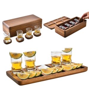 tequila shot glasses with luxury acacia wood storage box, wooden drink coasters, and vintage serving tray for salt, lemon, and bar nuts, decorative home gift bundle for men, women