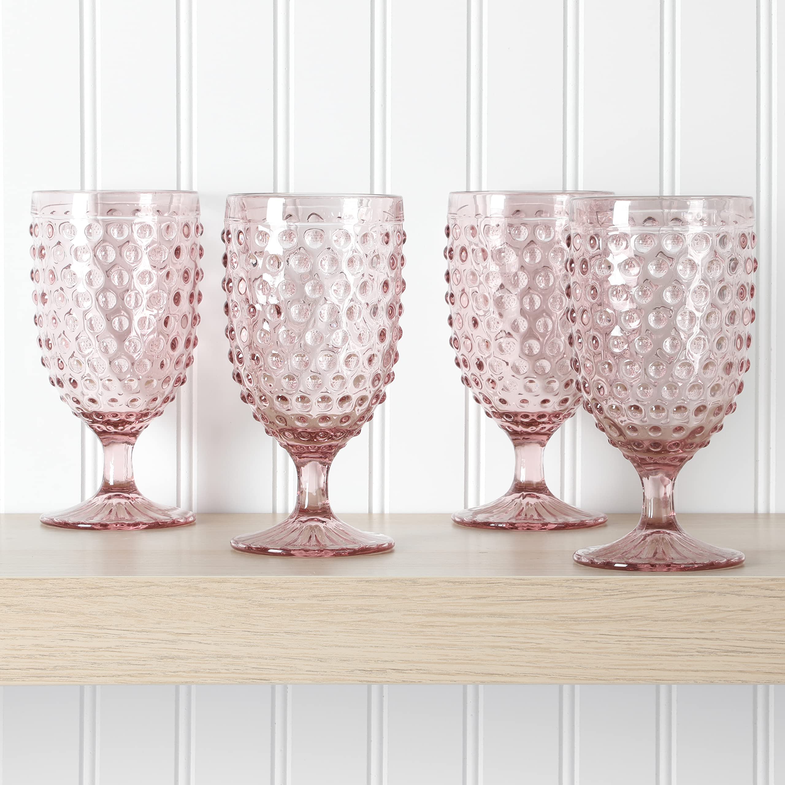 MARTHA STEWART Chauncey 4-Pack 14.2 oz Hobnail Handmade Glass Goblet - Pink