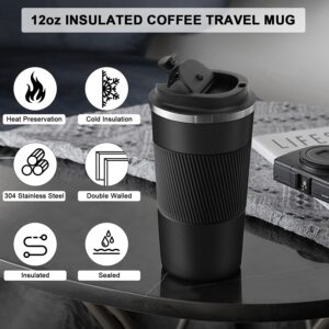 AZFUNN 12oz Travel Mug for Car with Leakproof Lid, Coffee Cup Insulated Double Walled Vacuum Stainless Steel Travel Tumbler for Keep Hot & Ice Coffee Tea Beer (Black)