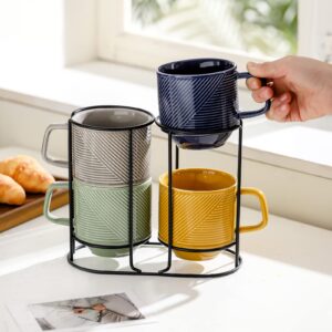 Adewnest Stackable Coffee Mugs with Rack : Ceramic Coffee Mugs Set of 4 for Latte/Cappuccino- Stable Stacking Coffee Cups with Stand - Colorful Stacked Tea Mugs for Home & Office - 13 oz