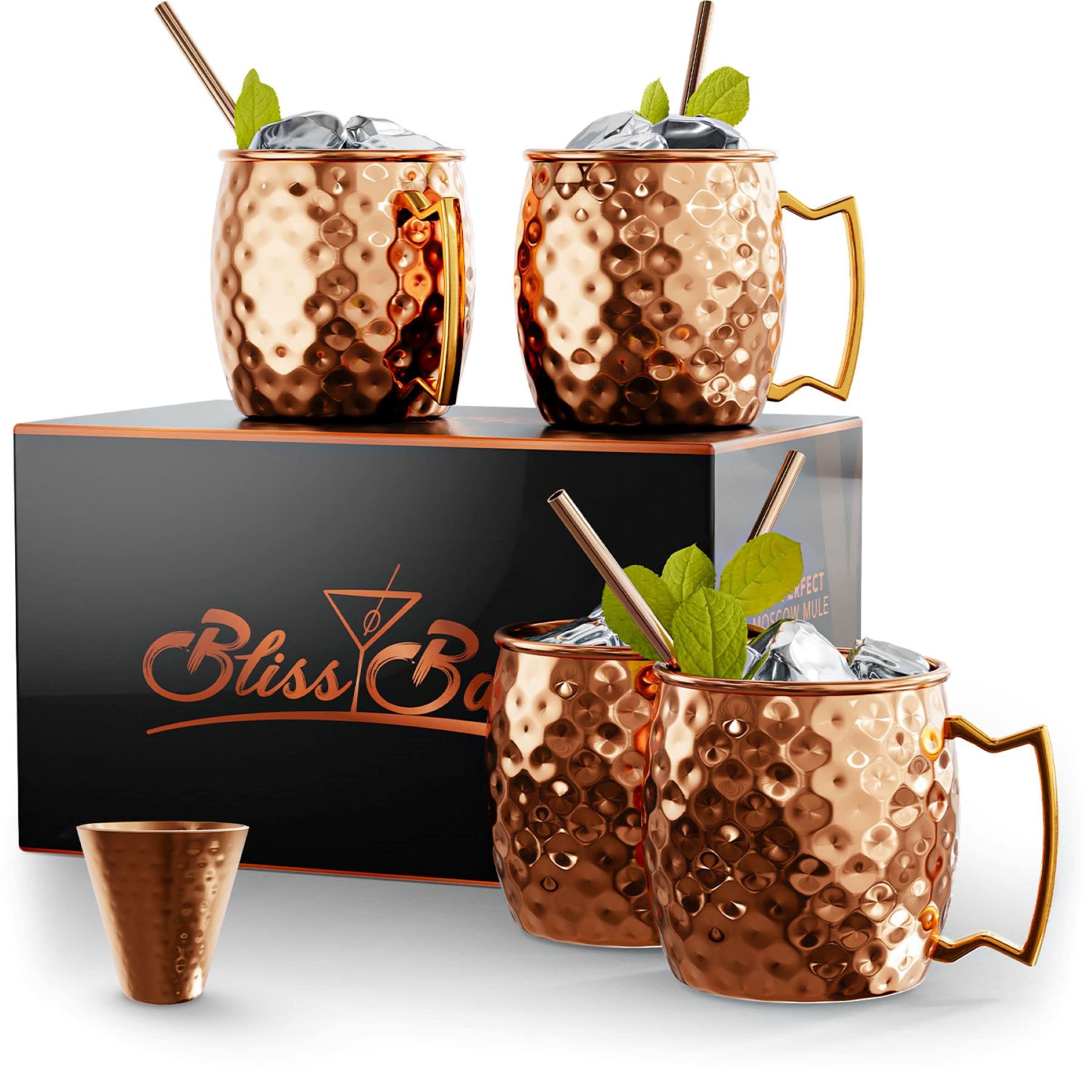 Bliss Bar 16 Oz Moscow Mule Cups Set of 4 | Pure Solid Copper Moscow Mule Mugs| Premium Quality Copper Straws and Shot Glass Included for Perfect Cocktail Experience