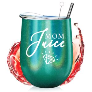 Mom Stainless Steel Wine Tumbler - 12oz with Steel Straw, BPA Free Lid, & Straw Cleaning Brush - Stemless Insulated Wine Tumbler with Lid - Gift for Mothers who Love Coffee, Tea - Mom Juice