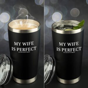 JENVIO Husband Gifts from Wife | My Wife is Perfect | Stainless Steel Travel Tumbler with 2 Lids 2 Straws Gift Box and Card | Funny Cup Happy For Mens From Anniversary Stuff Valentine's Day Gift