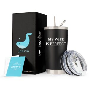 JENVIO Husband Gifts from Wife | My Wife is Perfect | Stainless Steel Travel Tumbler with 2 Lids 2 Straws Gift Box and Card | Funny Cup Happy For Mens From Anniversary Stuff Valentine's Day Gift