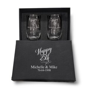 krezy case 25th anniversary couple wine glasses,20oz etched stemless wine glasses for couples, perfect engagement wine glasses,bridal shower wine glasses, anniversary wine glasses