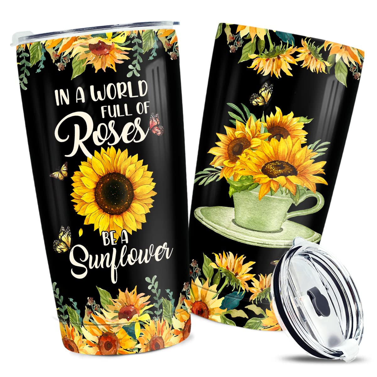 wowcugi Inspirational Gift Sunflower Tumbler Inspirational 20oz Insulated Floral Stainless Steel Tumblers with Lid Coffee Travel Mug Birthday Christmas Mothers Day Cup Gift For Women Girls