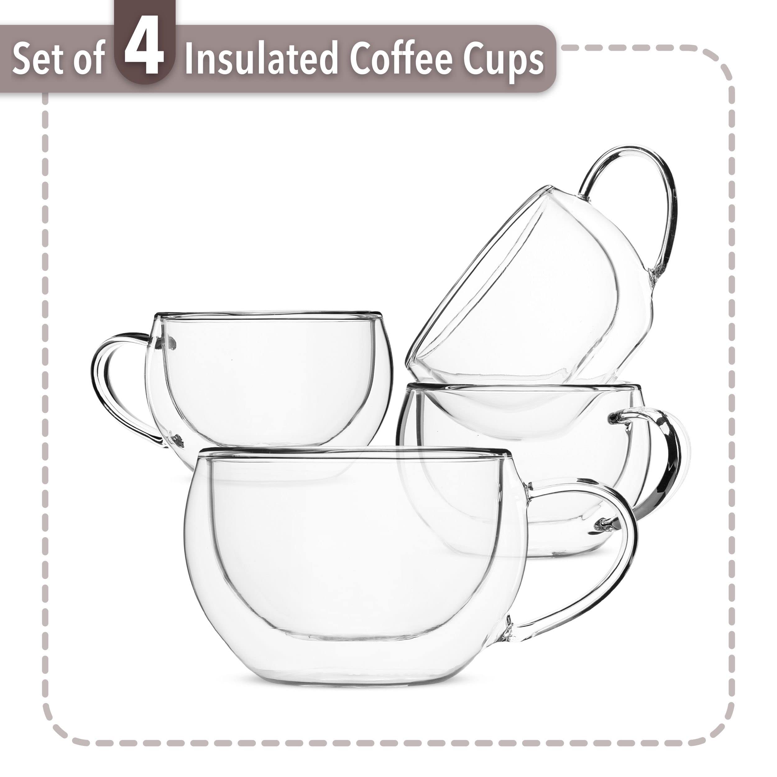 BTaT- Insulated Coffee Cups, Set of 4 (9 oz, 270 ml), Double Wall Glass Tea Cups, Glass Cups, Glass Mug, Glass Coffee Cups, Latte Cups, Latte Mug, Clear Mugs, Glass Cappuccino Cups