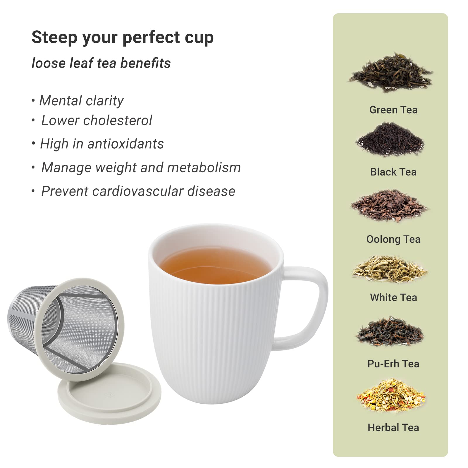 emoi 16 OZ Large Porcelain Tea Cup with Infuser and Lid, Tea Mug with Tea Strainers for Loose Tea, Ideal Tea Gifts for Tea lovers to Steep a Perfect Cup of Tea at Home or Office-Beige White