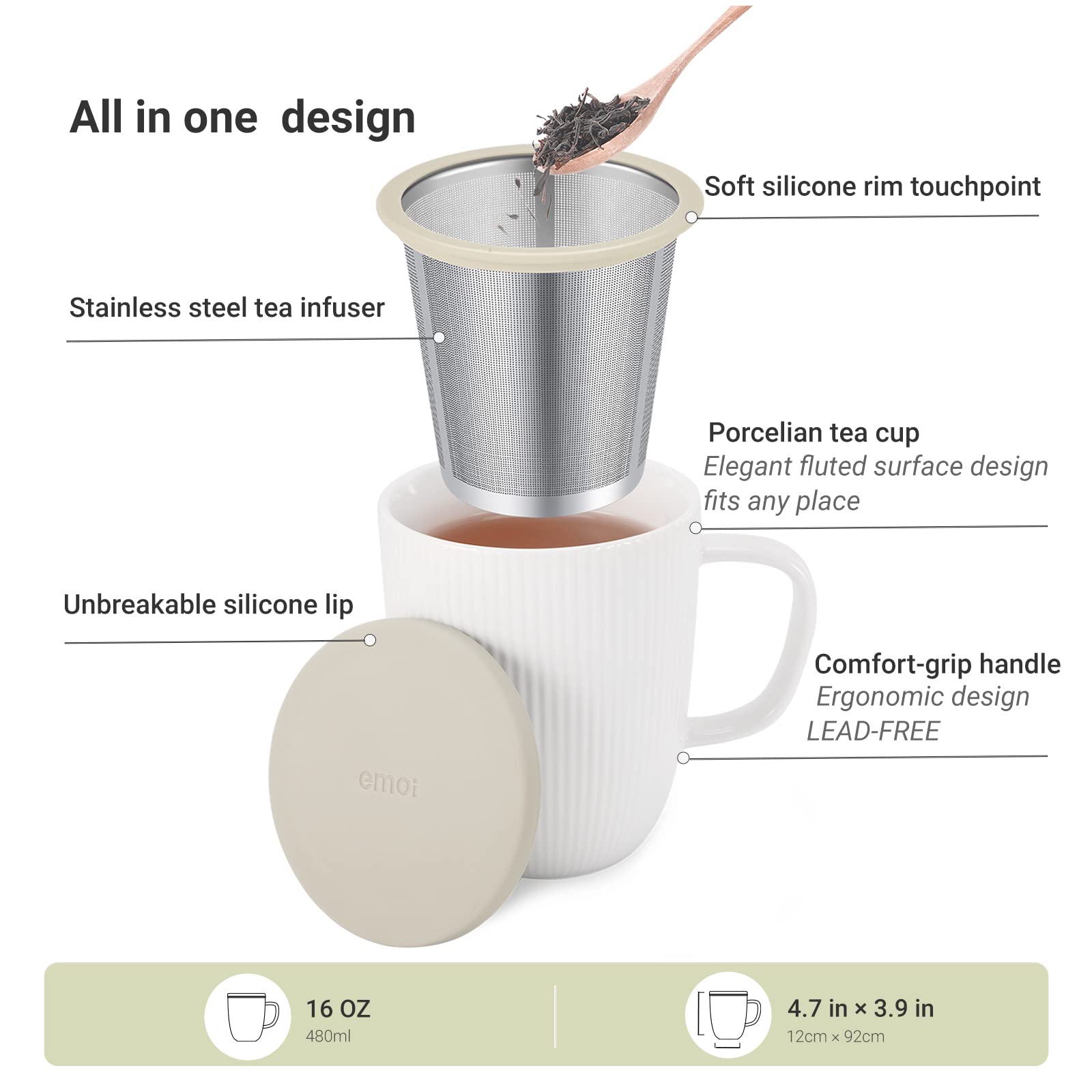 emoi 16 OZ Large Porcelain Tea Cup with Infuser and Lid, Tea Mug with Tea Strainers for Loose Tea, Ideal Tea Gifts for Tea lovers to Steep a Perfect Cup of Tea at Home or Office-Beige White