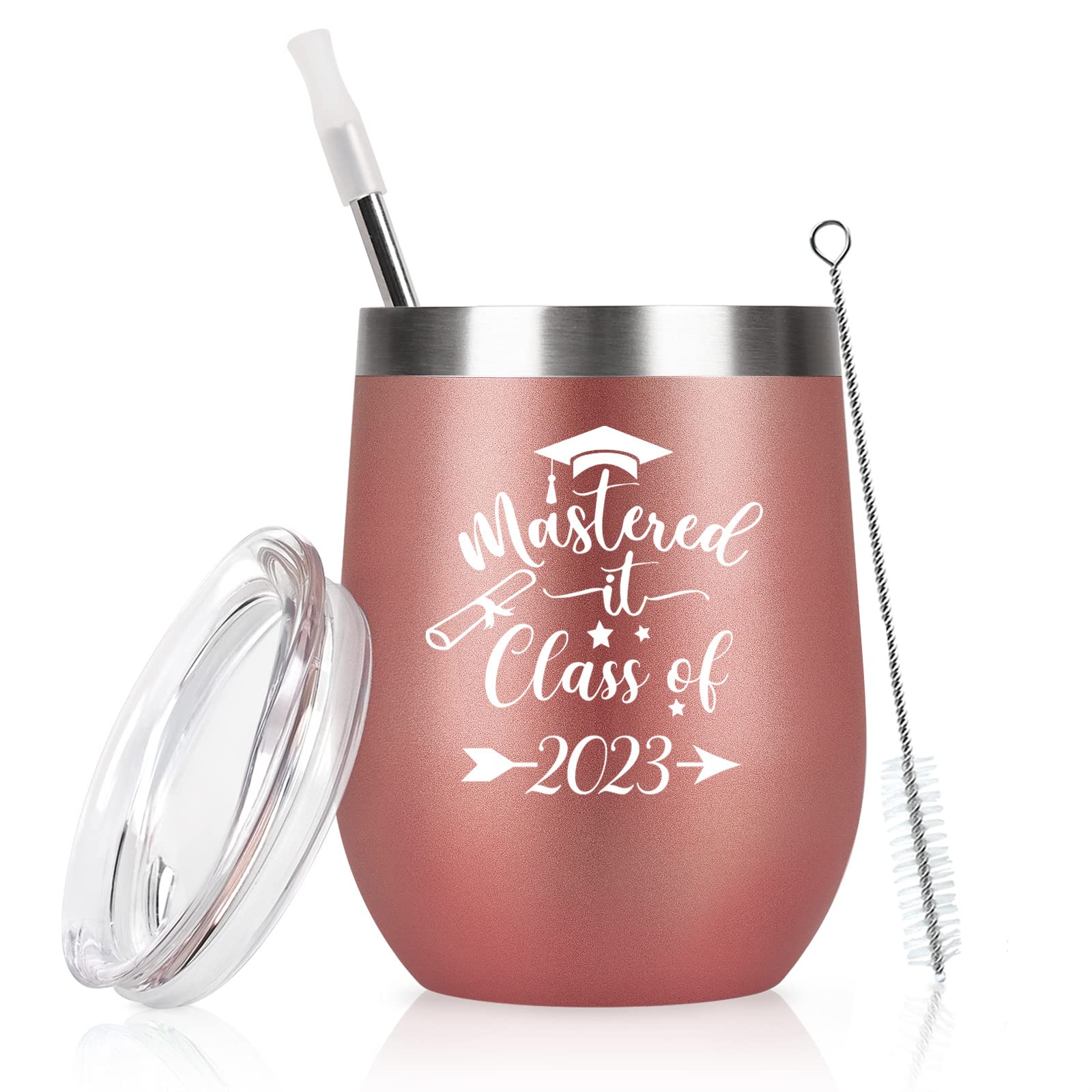 Lifecapido Graduation Gifts, Mastered It Class of 2023 Stainless Steel Wine Tumbler, Graduation 12oz Wine Tumbler with Lid and Straw for High School College Graduates, Masters Graduates, Rose Gold