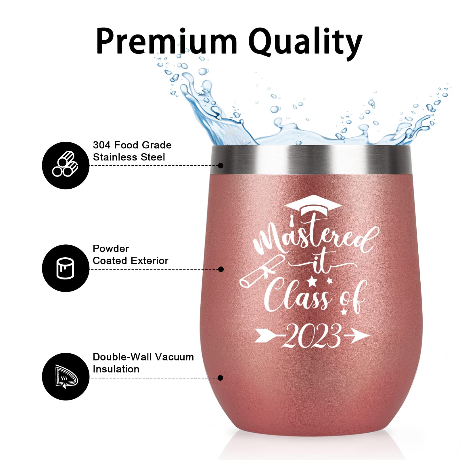 Lifecapido Graduation Gifts, Mastered It Class of 2023 Stainless Steel Wine Tumbler, Graduation 12oz Wine Tumbler with Lid and Straw for High School College Graduates, Masters Graduates, Rose Gold