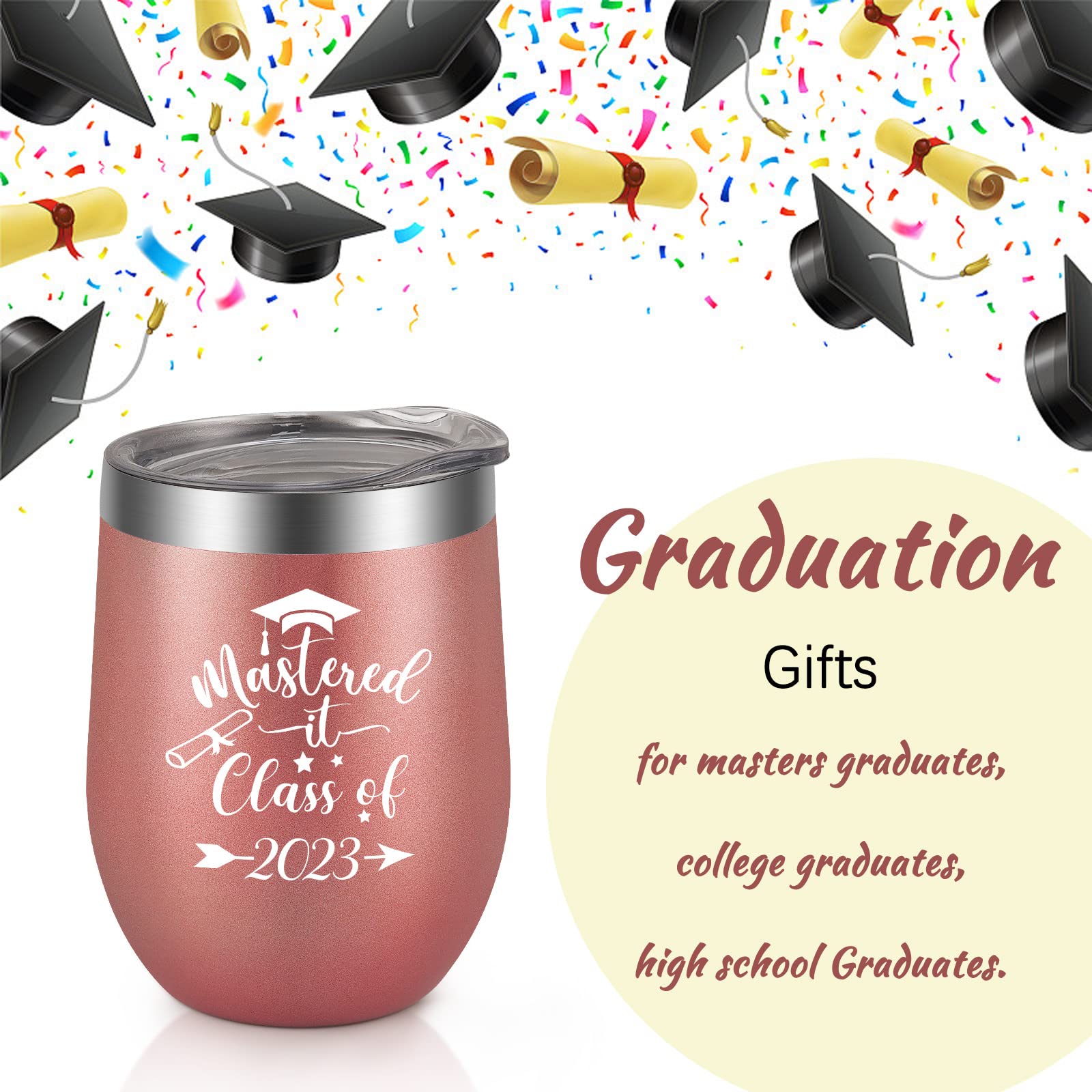 Lifecapido Graduation Gifts, Mastered It Class of 2023 Stainless Steel Wine Tumbler, Graduation 12oz Wine Tumbler with Lid and Straw for High School College Graduates, Masters Graduates, Rose Gold