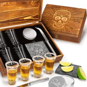 Atterstone Tequila Shot Glass Sugar Skull Wooden Box Set for Men and Women - 4 Premium Shot Glasses, Garnish Knife, Lime Cutting Stone, Salt Tin, Perfect for Themed Parties