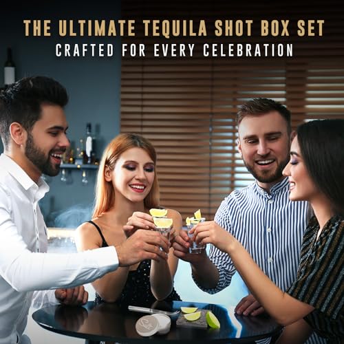 Atterstone Tequila Shot Glass Sugar Skull Wooden Box Set for Men and Women - 4 Premium Shot Glasses, Garnish Knife, Lime Cutting Stone, Salt Tin, Perfect for Themed Parties