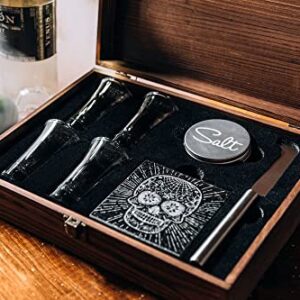 Atterstone Tequila Shot Glass Sugar Skull Wooden Box Set for Men and Women - 4 Premium Shot Glasses, Garnish Knife, Lime Cutting Stone, Salt Tin, Perfect for Themed Parties