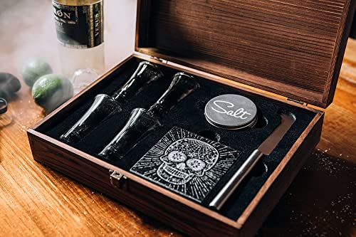 Atterstone Tequila Shot Glass Sugar Skull Wooden Box Set for Men and Women - 4 Premium Shot Glasses, Garnish Knife, Lime Cutting Stone, Salt Tin, Perfect for Themed Parties