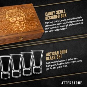 Atterstone Tequila Shot Glass Sugar Skull Wooden Box Set for Men and Women - 4 Premium Shot Glasses, Garnish Knife, Lime Cutting Stone, Salt Tin, Perfect for Themed Parties