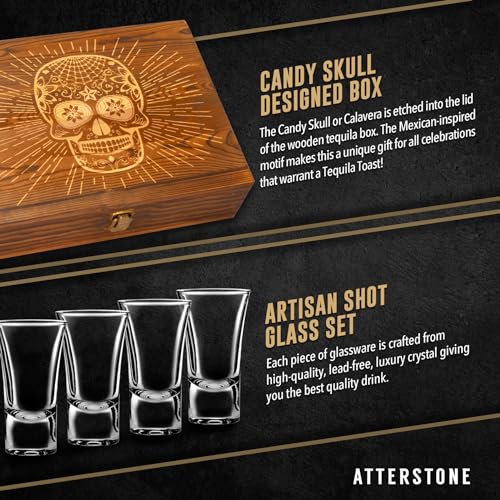 Atterstone Tequila Shot Glass Sugar Skull Wooden Box Set for Men and Women - 4 Premium Shot Glasses, Garnish Knife, Lime Cutting Stone, Salt Tin, Perfect for Themed Parties