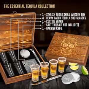 Atterstone Tequila Shot Glass Sugar Skull Wooden Box Set for Men and Women - 4 Premium Shot Glasses, Garnish Knife, Lime Cutting Stone, Salt Tin, Perfect for Themed Parties