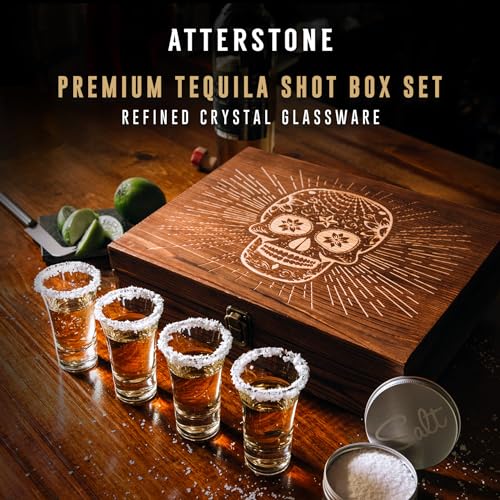 Atterstone Tequila Shot Glass Sugar Skull Wooden Box Set for Men and Women - 4 Premium Shot Glasses, Garnish Knife, Lime Cutting Stone, Salt Tin, Perfect for Themed Parties