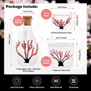 DUJUST Japanese Sake Set for 4, Handcraft Pink Cherry Blossoms Design, 1 Sake Bottle, 1 Sake Tank and 4 Sake Cups, Cold/Warm/Hot Sake Carafe, Special Japanese Gifts Set - 6 pcs