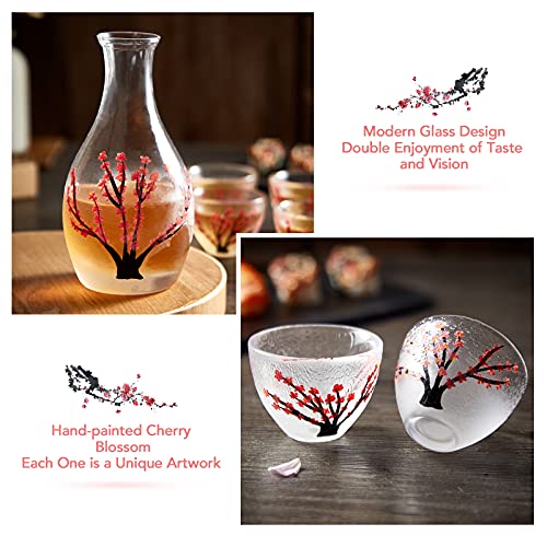 DUJUST Japanese Sake Set for 4, Handcraft Pink Cherry Blossoms Design, 1 Sake Bottle, 1 Sake Tank and 4 Sake Cups, Cold/Warm/Hot Sake Carafe, Special Japanese Gifts Set - 6 pcs