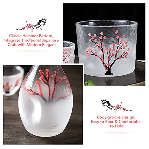 DUJUST Japanese Sake Set for 4, Handcraft Pink Cherry Blossoms Design, 1 Sake Bottle, 1 Sake Tank and 4 Sake Cups, Cold/Warm/Hot Sake Carafe, Special Japanese Gifts Set - 6 pcs