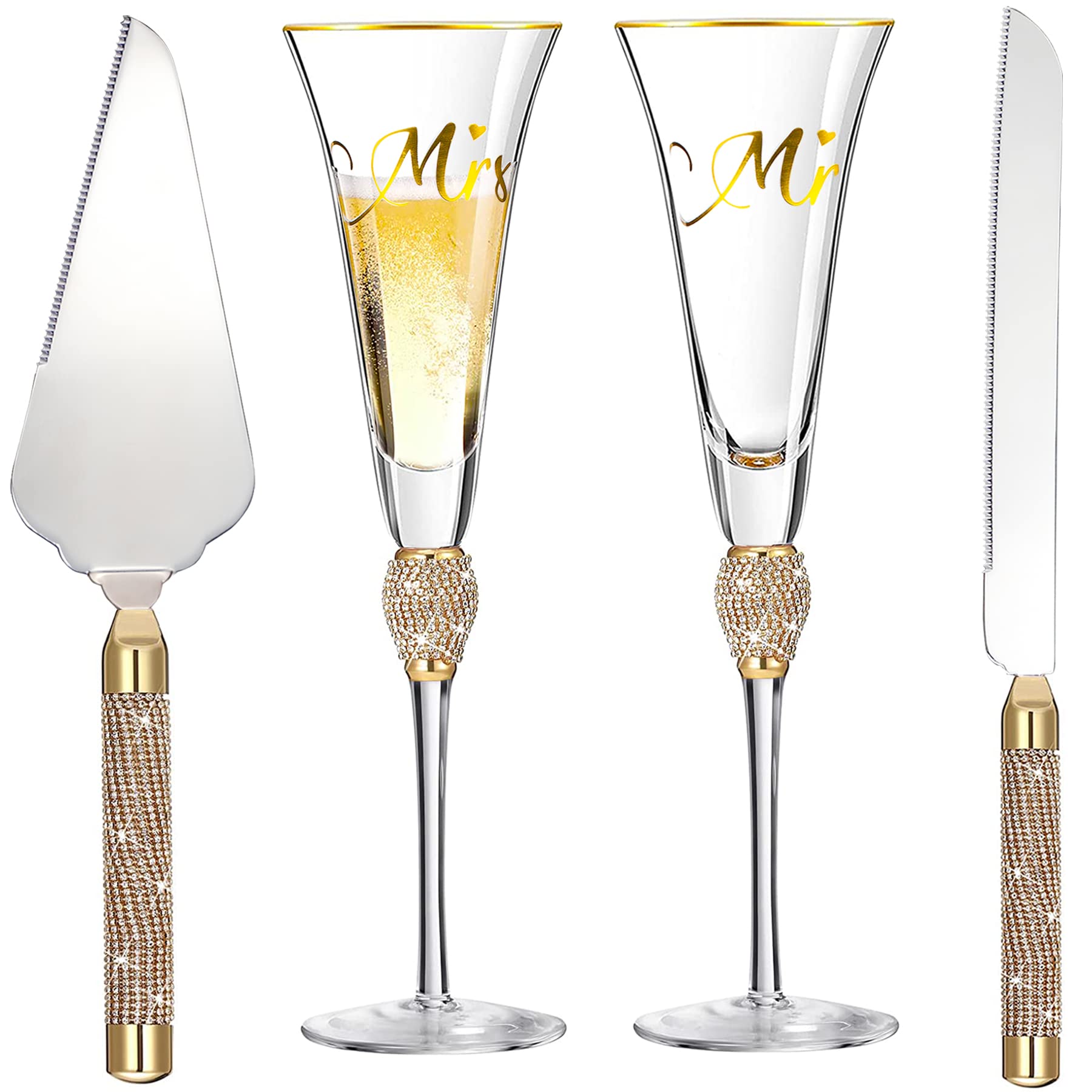 VARLKA Wedding Champagne Flutes and Cake knife Server Set Mr and Mrs Champagne Glasses Cake Cutting set for Wedding 7Oz Crystal Bride and Groom Toasting Flutes Engagement Gift Wedding Gift