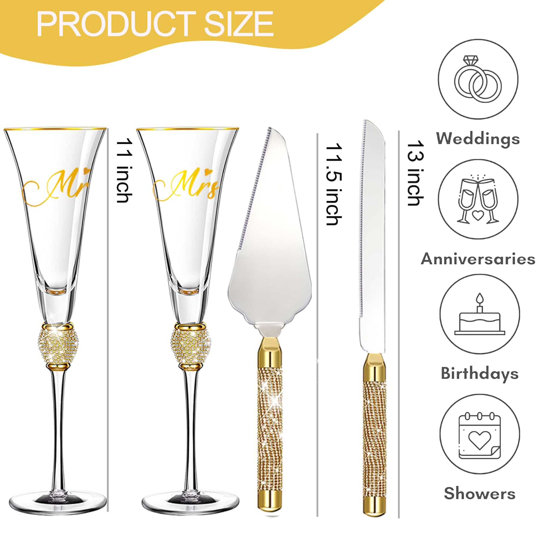 VARLKA Wedding Champagne Flutes and Cake knife Server Set Mr and Mrs Champagne Glasses Cake Cutting set for Wedding 7Oz Crystal Bride and Groom Toasting Flutes Engagement Gift Wedding Gift