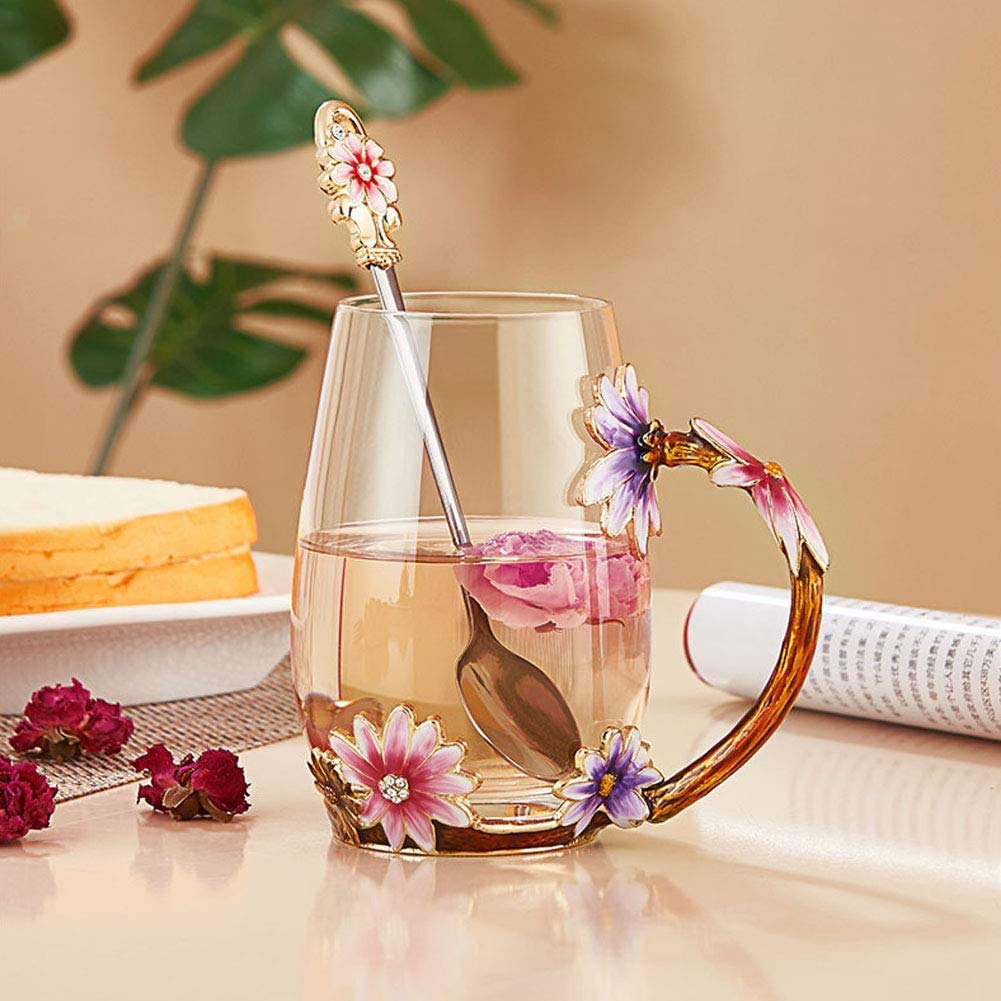 Glass Tea Mug, Mother's Day Gifts, Handmade Enamel Daisy Flower Coffee Cup Set with Handle, Unique Valentine's Day Birthday Gift Ideas for Women, Christmas New Year Party Supplies -13oz Pink