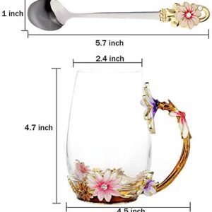 Glass Tea Mug, Mother's Day Gifts, Handmade Enamel Daisy Flower Coffee Cup Set with Handle, Unique Valentine's Day Birthday Gift Ideas for Women, Christmas New Year Party Supplies -13oz Pink